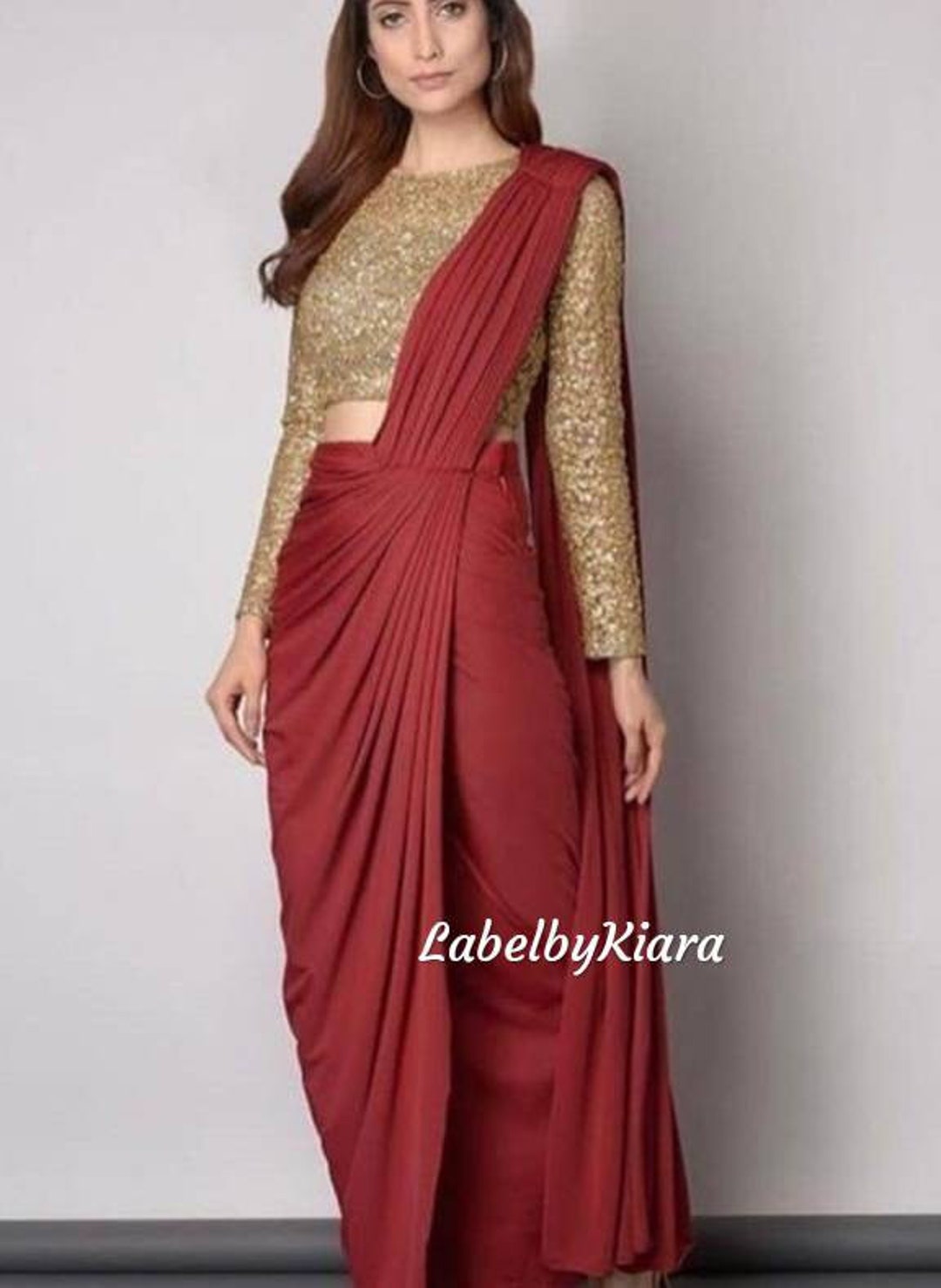 Designer Indian Drape Satin Sari With Sequin Blouse Bridesmaid Dress ...