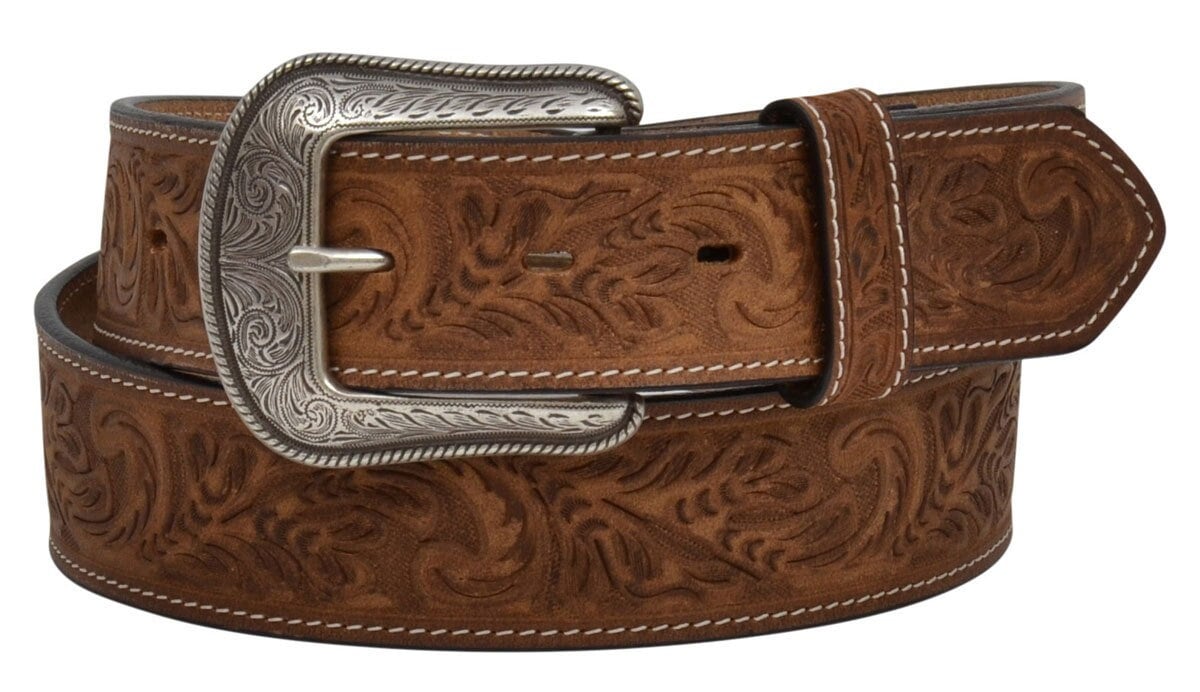 Brown Tooled Leather Snap Belt Strap, Wide Embossed Genuine Leather ...