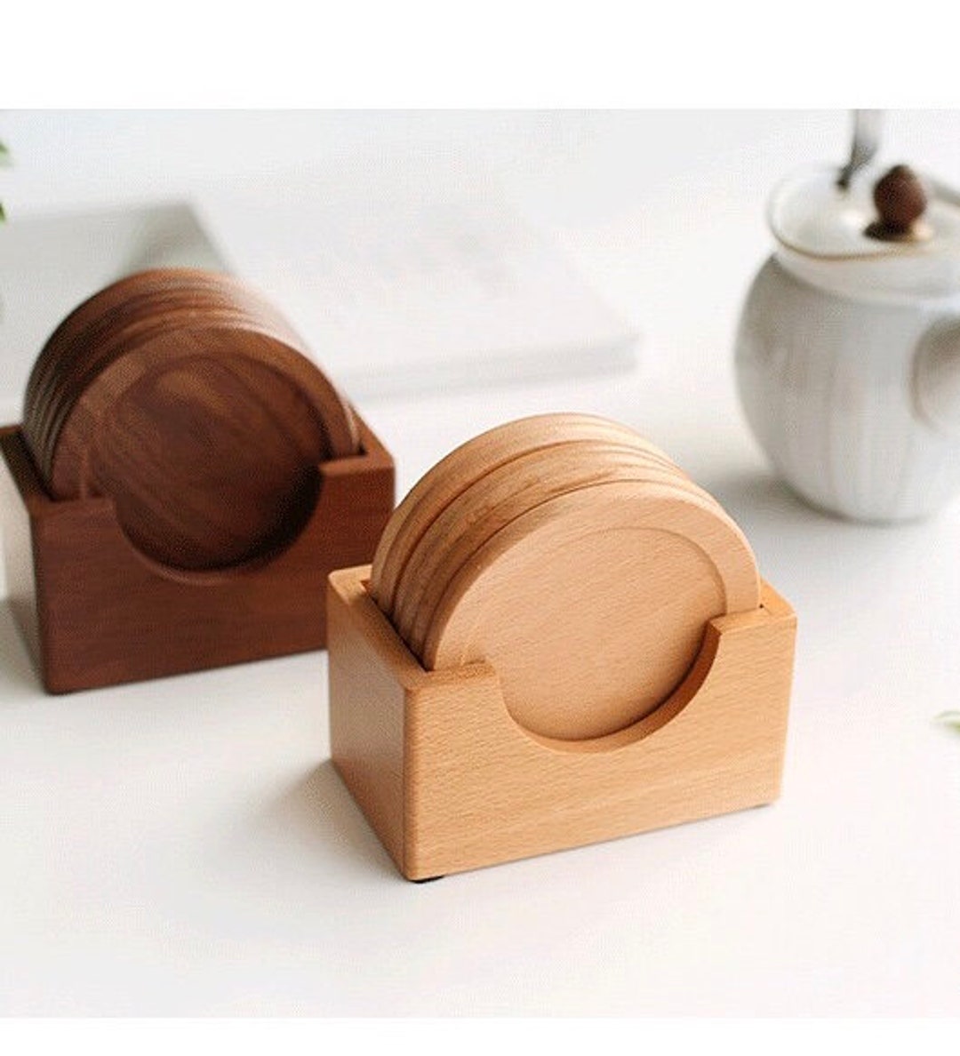 Personalized 6 Pcs Round Wooden Non-slip Coaster Set With Wood Holder ...