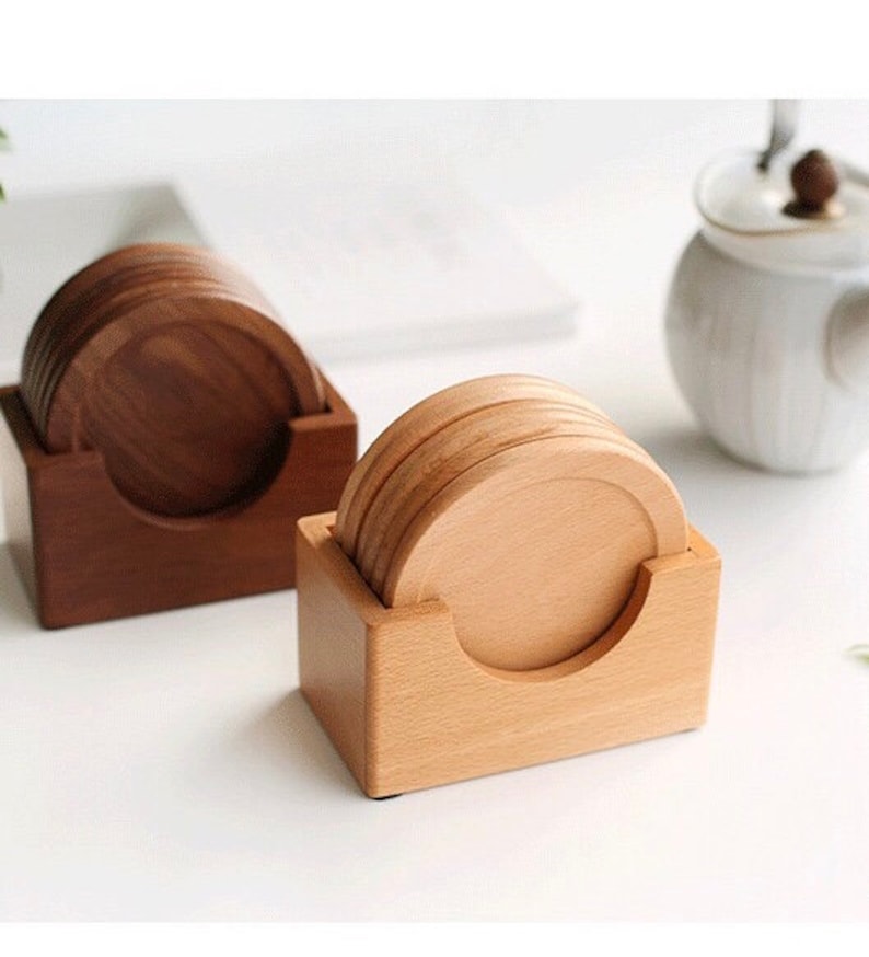 Personalized 6 Pcs Round Wooden Non-slip Coaster Set With Wood Holder ...