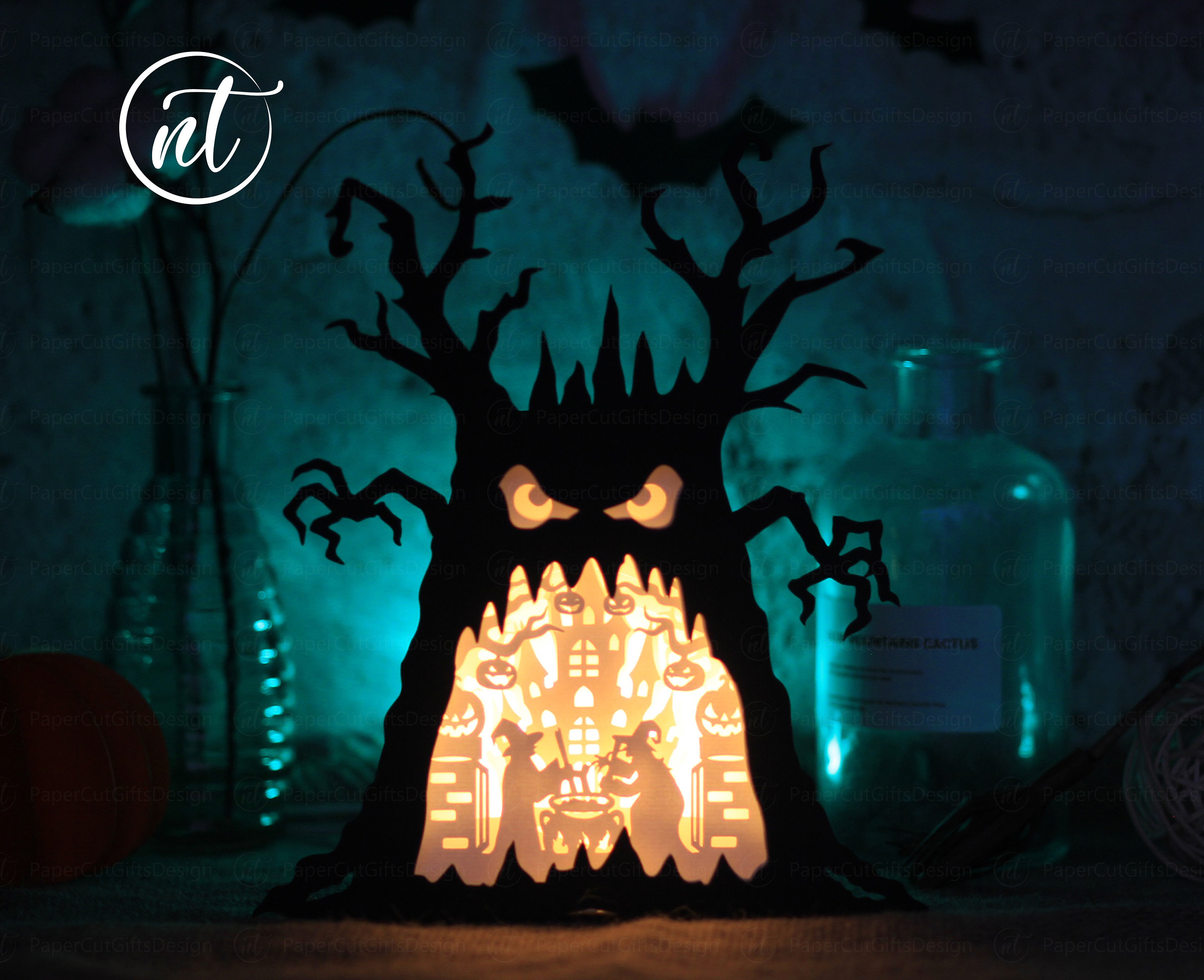 Two Witches in the Ghost Tree Shadowbox SVG, Dark Witch Paper Cut ...
