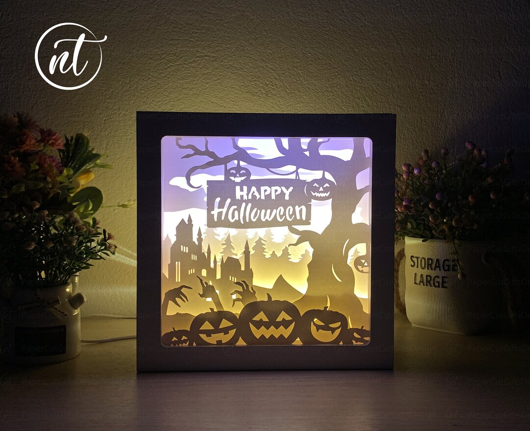 Happy Halloween Shadowbox SVG, Halloween Light Box Template, Paper Cut ...