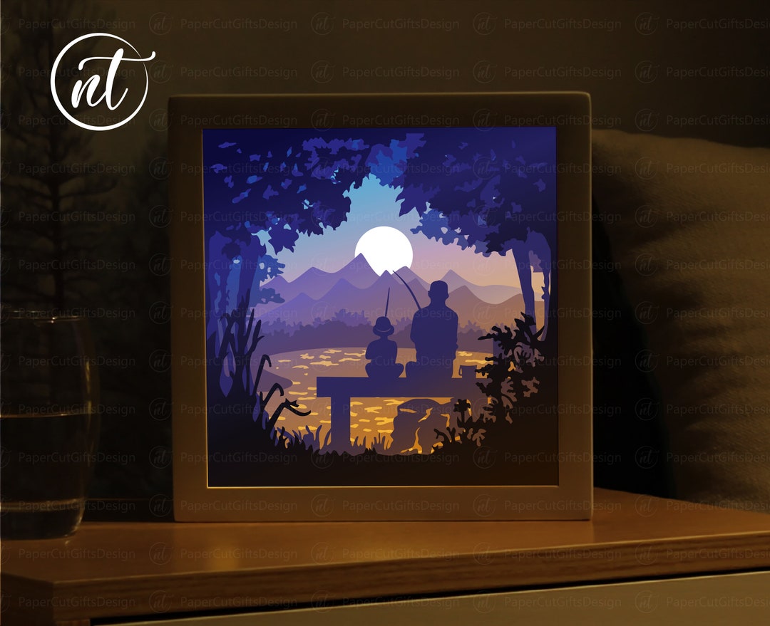 Father & Son Fishing Shadow Box Template: Papercut Light Box SVG ...