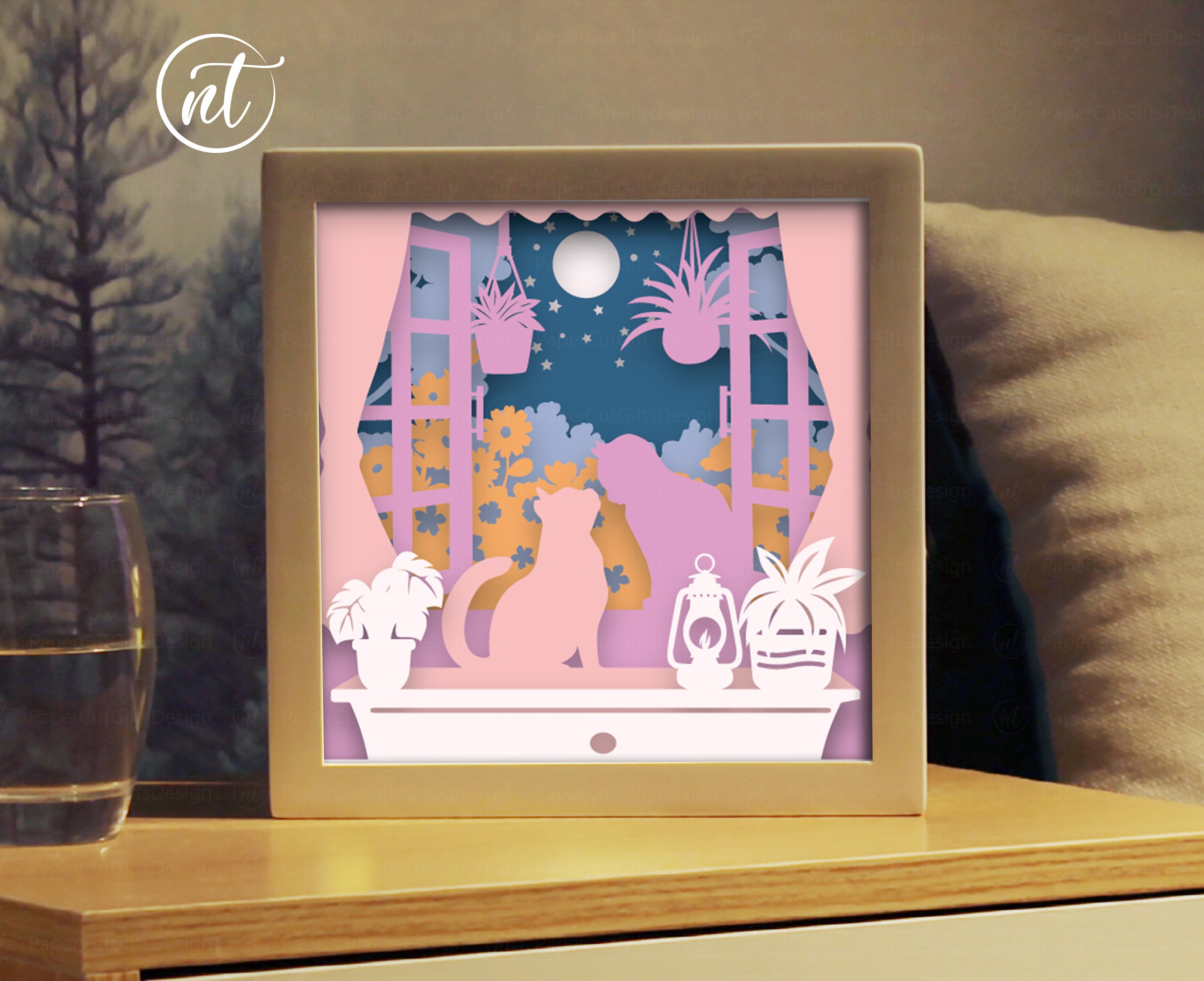 Cute Cats Couple Shadow Lightbox, Paper Cutting Template, Shadow Box ...