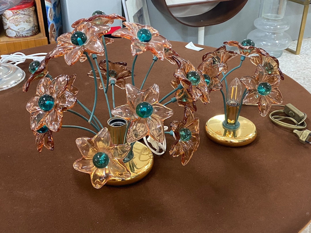 Pair of 80s Lamps With Glass Flowers - Etsy