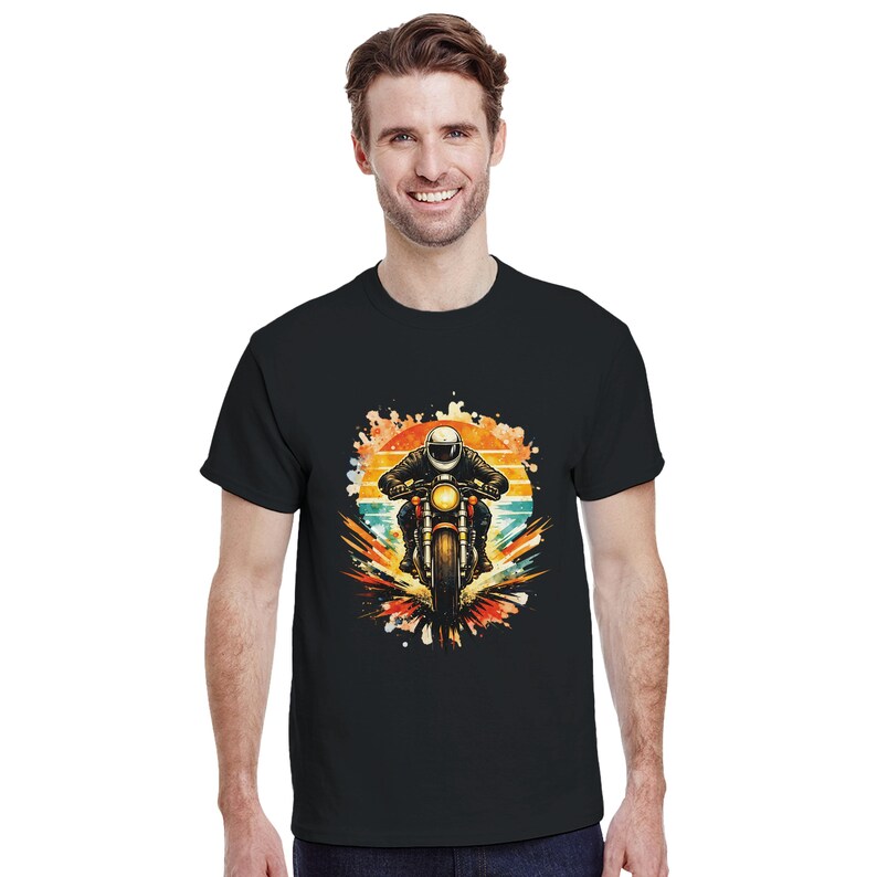 Motorcycle Rider Sunset T-shirt, Colourful Splash Art Biker Tee, Retro ...