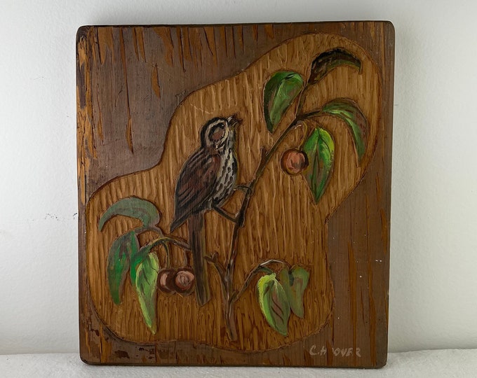 Hand Carved Wood Naive Folk Art Wall Plaque, Vintage Relief Sparrow ...