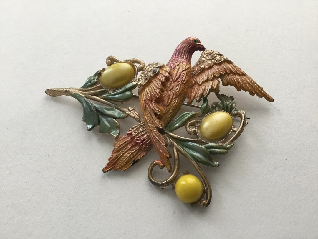 Large Enamelled Pot Metal Bird on a Branch Brooch, Pot Metal Jewelry ...