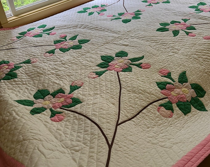 Hand-stitched Applique Rose of Sharon Quilt, Vintage Collectible Quilt ...