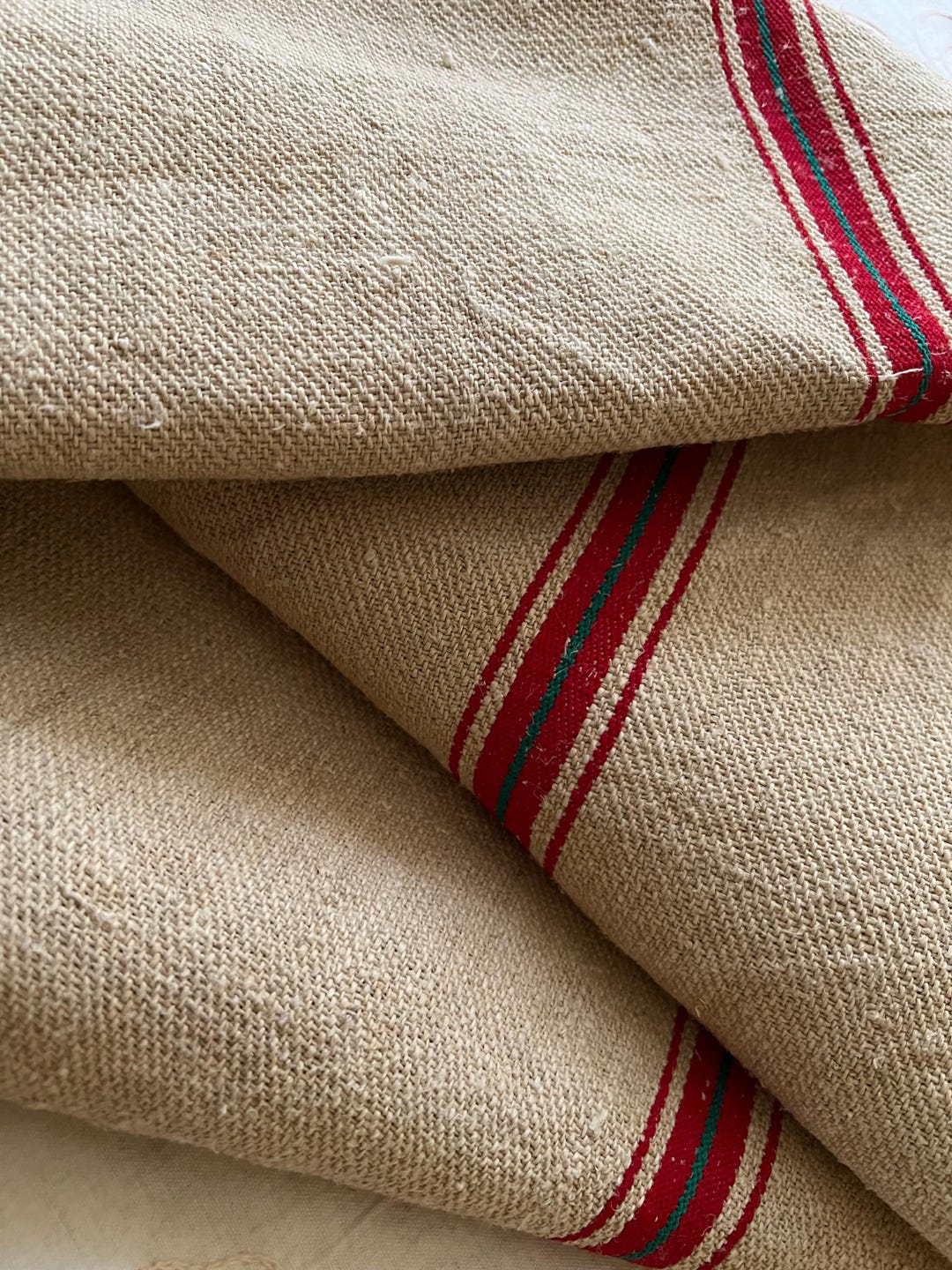 Rustic Woven Hemp Grain Sack, Red/green Stripe, French Seams - Etsy