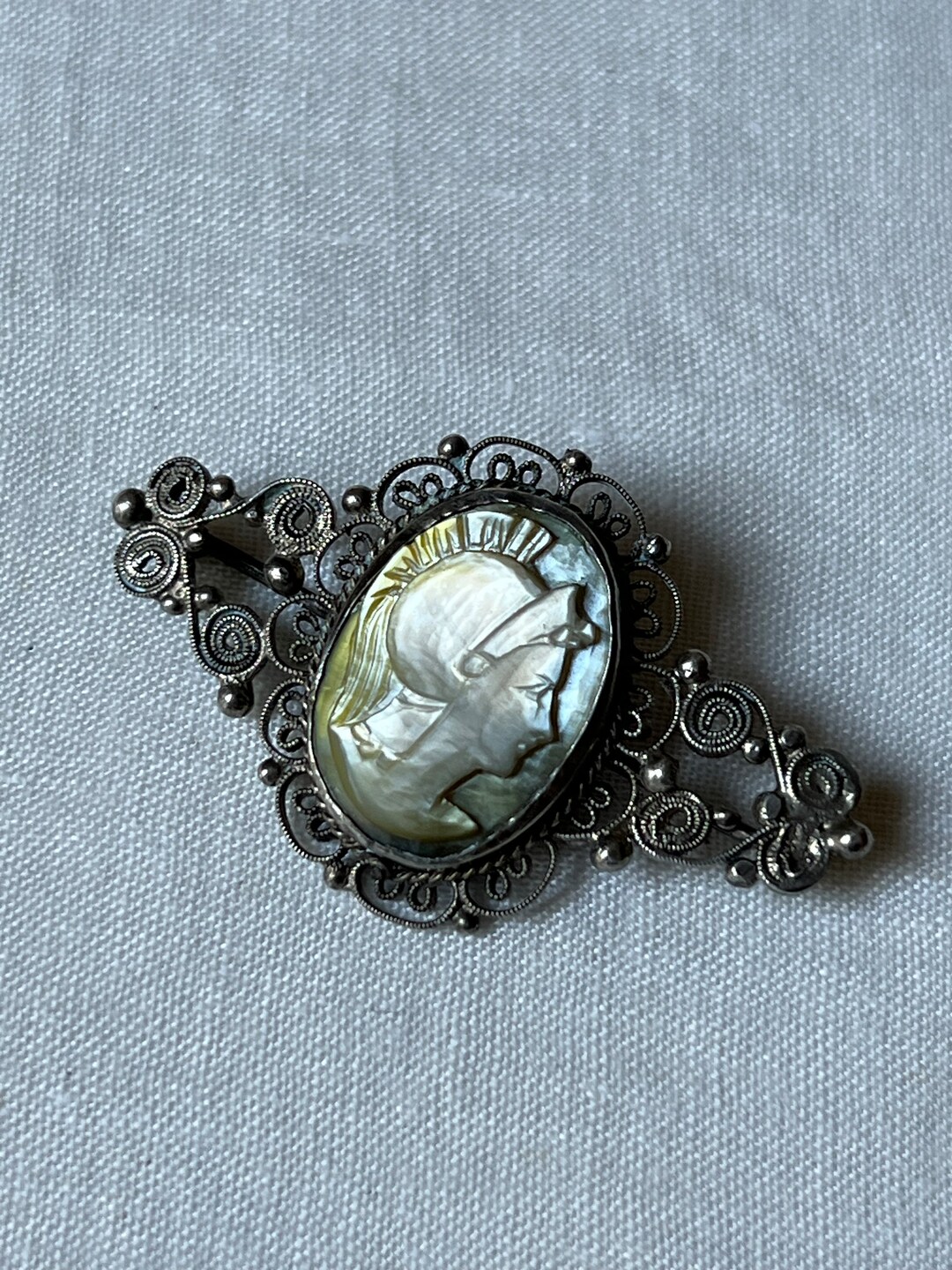 Antique Roman Head Shell Cameo Filligree Brooch, Carved Mother of Pearl ...