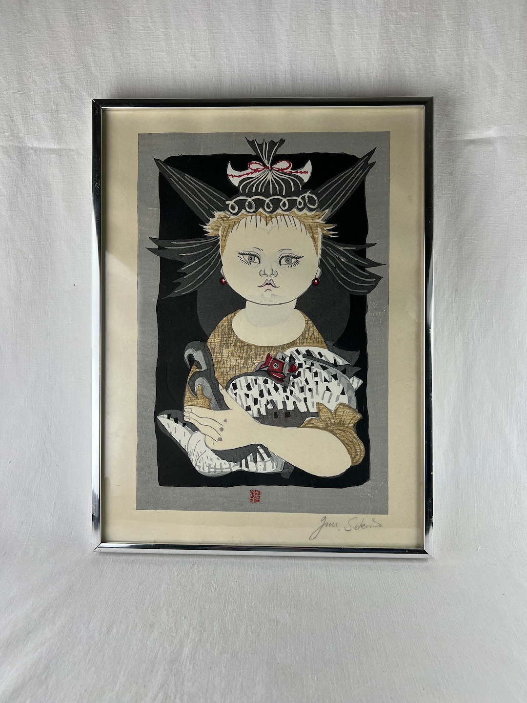 Jun’ichiro Sekino “girl With Chicken” Framed Woodblock Print, Original ...