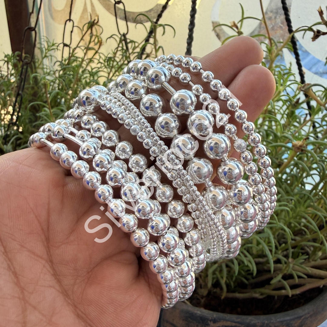 925 Sterling Silver Beaded Bracelets, Stretch Stacking Bracelets, Set ...
