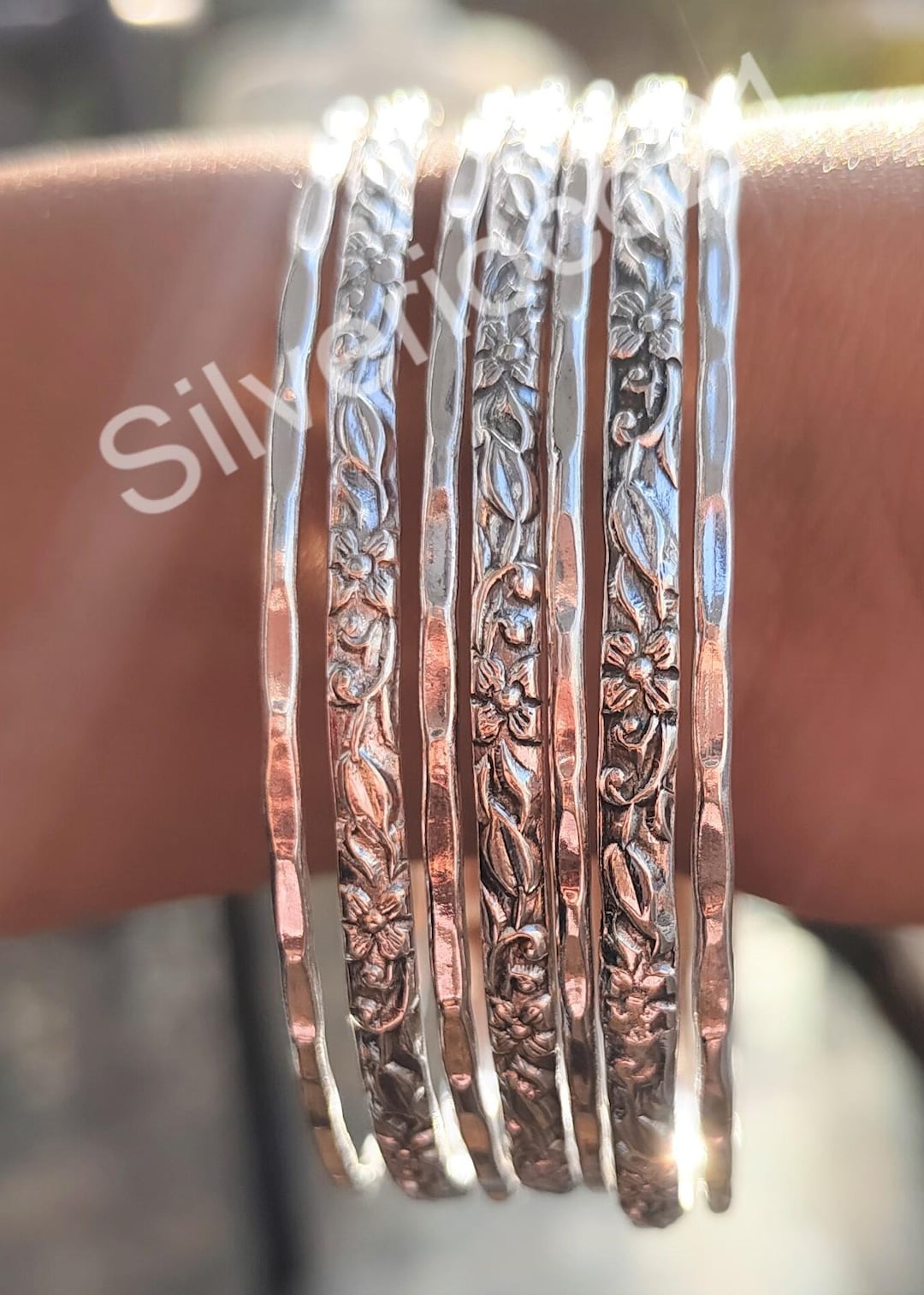 Sterling Silver Floral Stacking Bangle Set, Semanario Bangles - Etsy