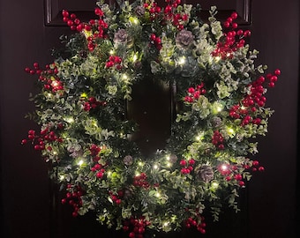 Very Merry Berry Holiday Wreath, Large Festive Wreath, Holiday Light ...
