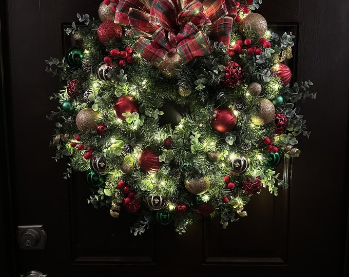 Festive Glow Wreath, Large Pine Holiday Wreath, Large Ribbon Wreath ...