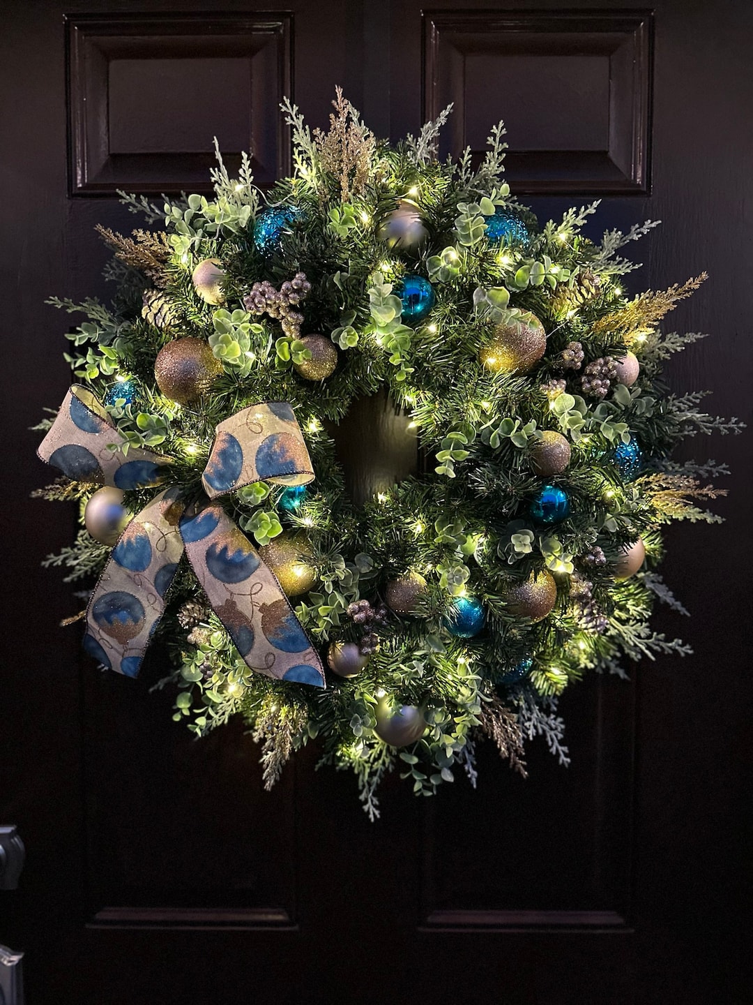 Blue Ornaments Ribbon Wreath, Large Holiday Light Wreath, Festive ...