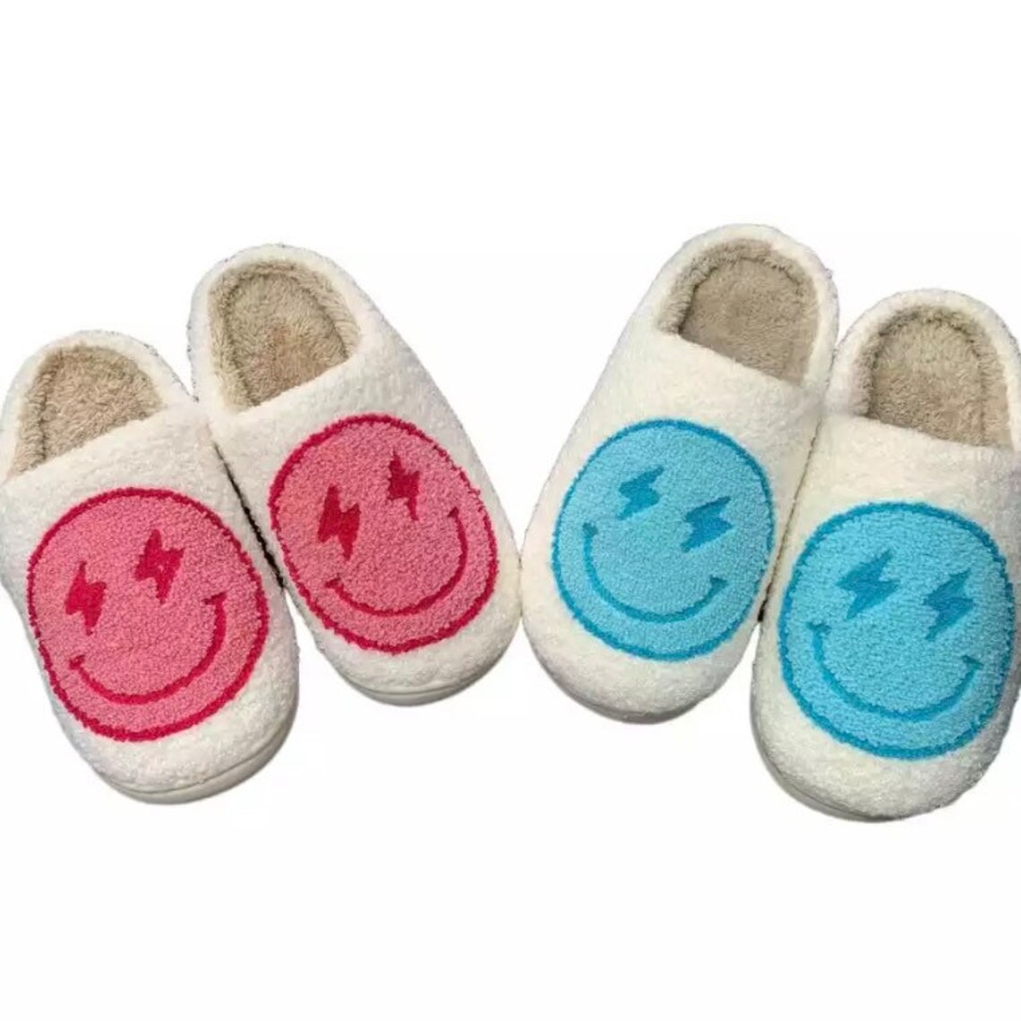 Pink/blue Smiley Face Slippers Lighting Bolt Slippers - Etsy