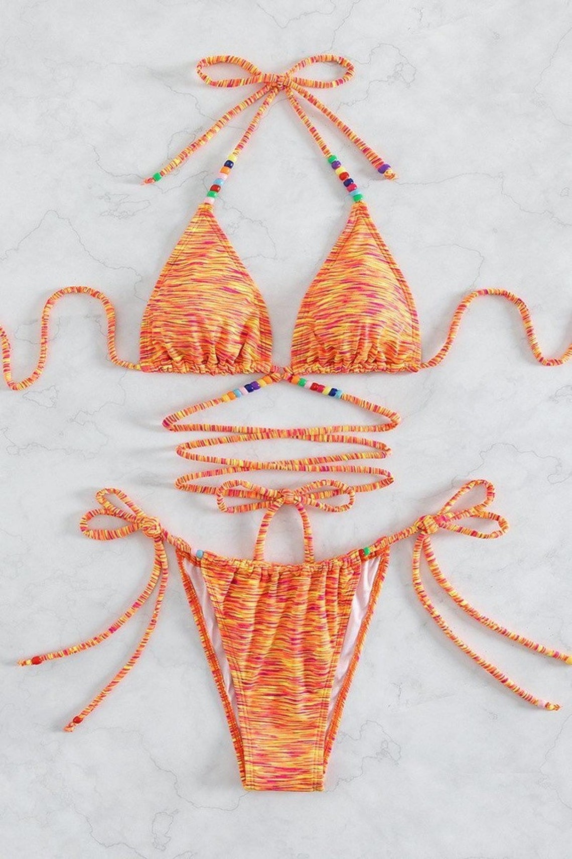 Orange Striped Bikini Bikini Set Boho Swimwear Triangle - Etsy
