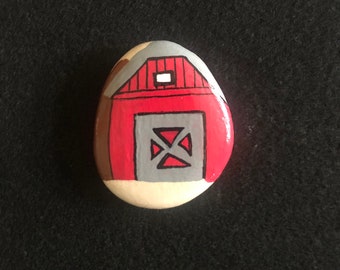 Hand Painted Stone, Hand-painted Rock, Barn Painting, Red Barn, Small ...