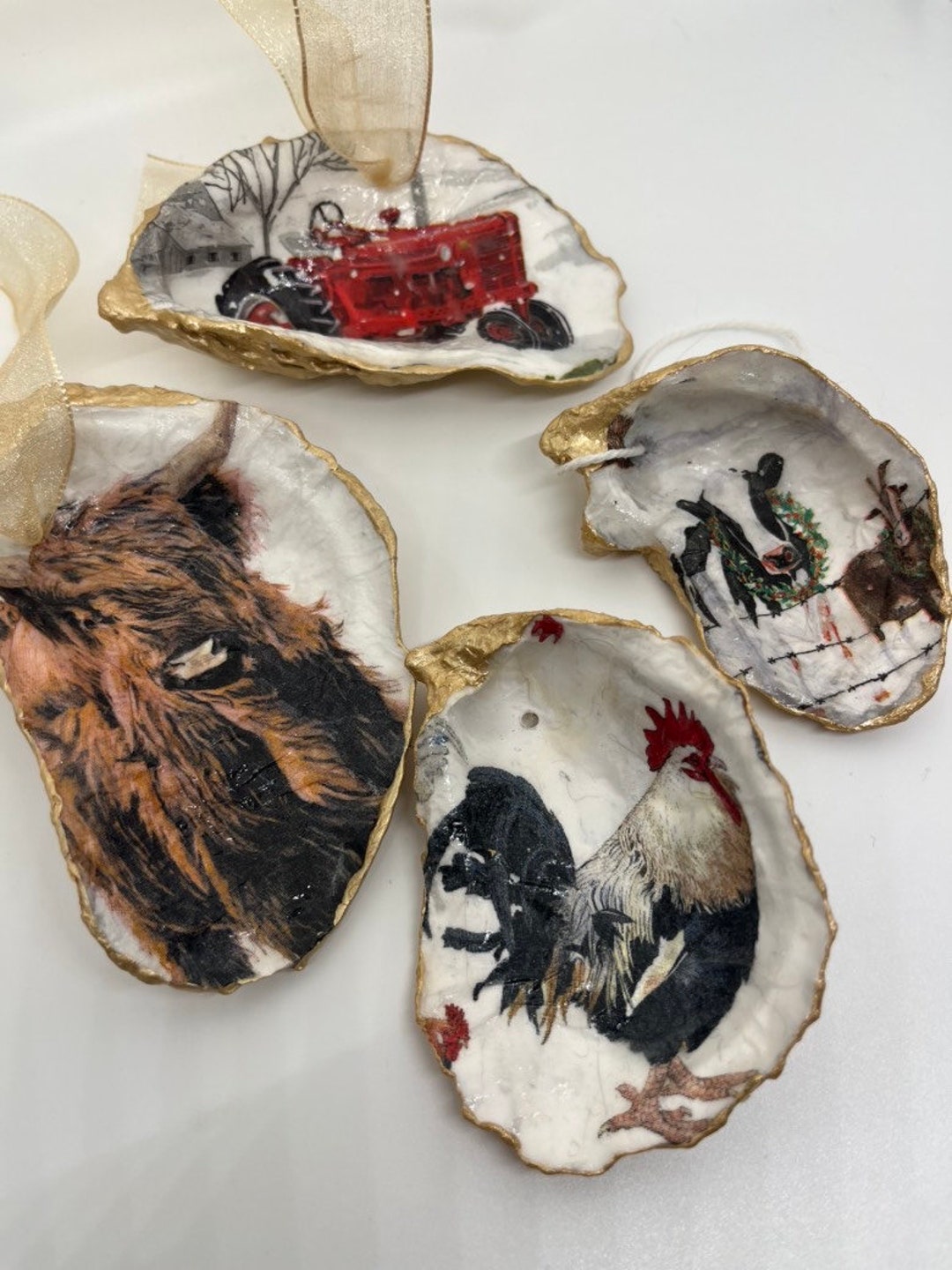 Farm Animal Christmas Ornaments Decoupage Oyster Shells Cow Goat ...