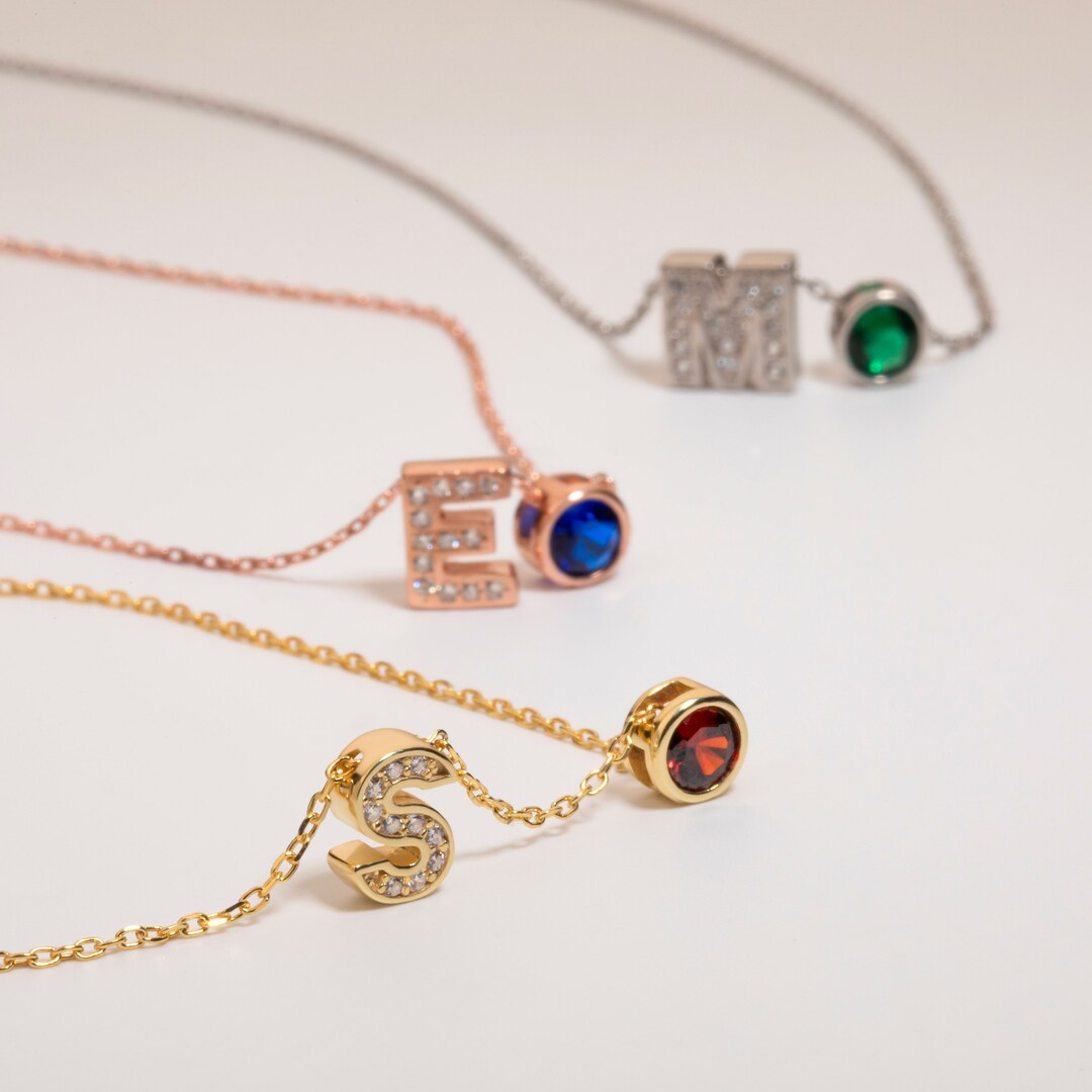 Pave Letter Necklace, Personalized Birthstone Letter Necklace, Custom ...