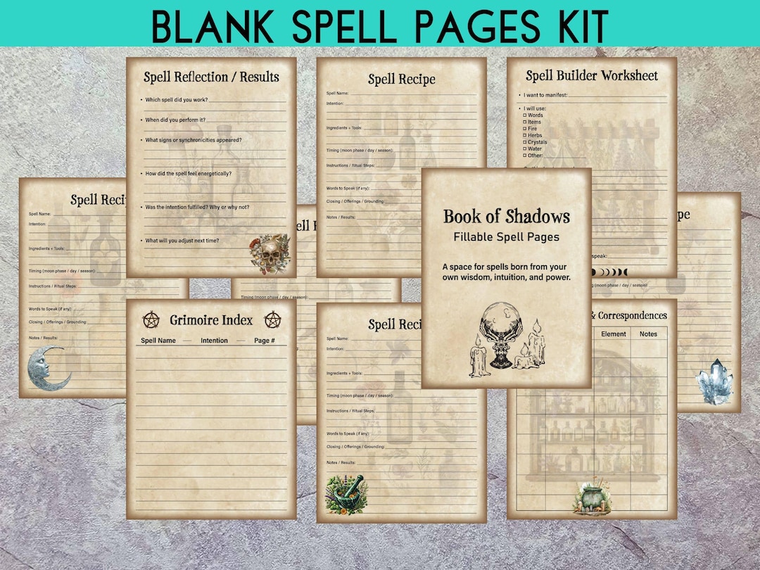 Printable Spell Pages Kit, Blank Witch Grimoire Sheets, Blank Witchy ...