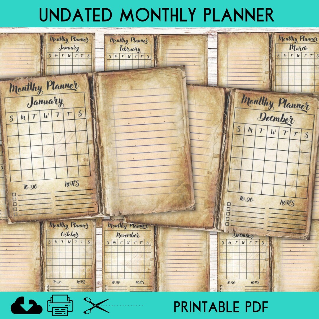 Printable Vintage Undated Planner, Foldable Monthly Junk Journal Insert ...