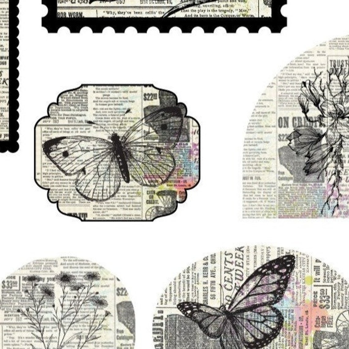Printable Stickers Stamped Newspaper Ephemera Stickers - Etsy