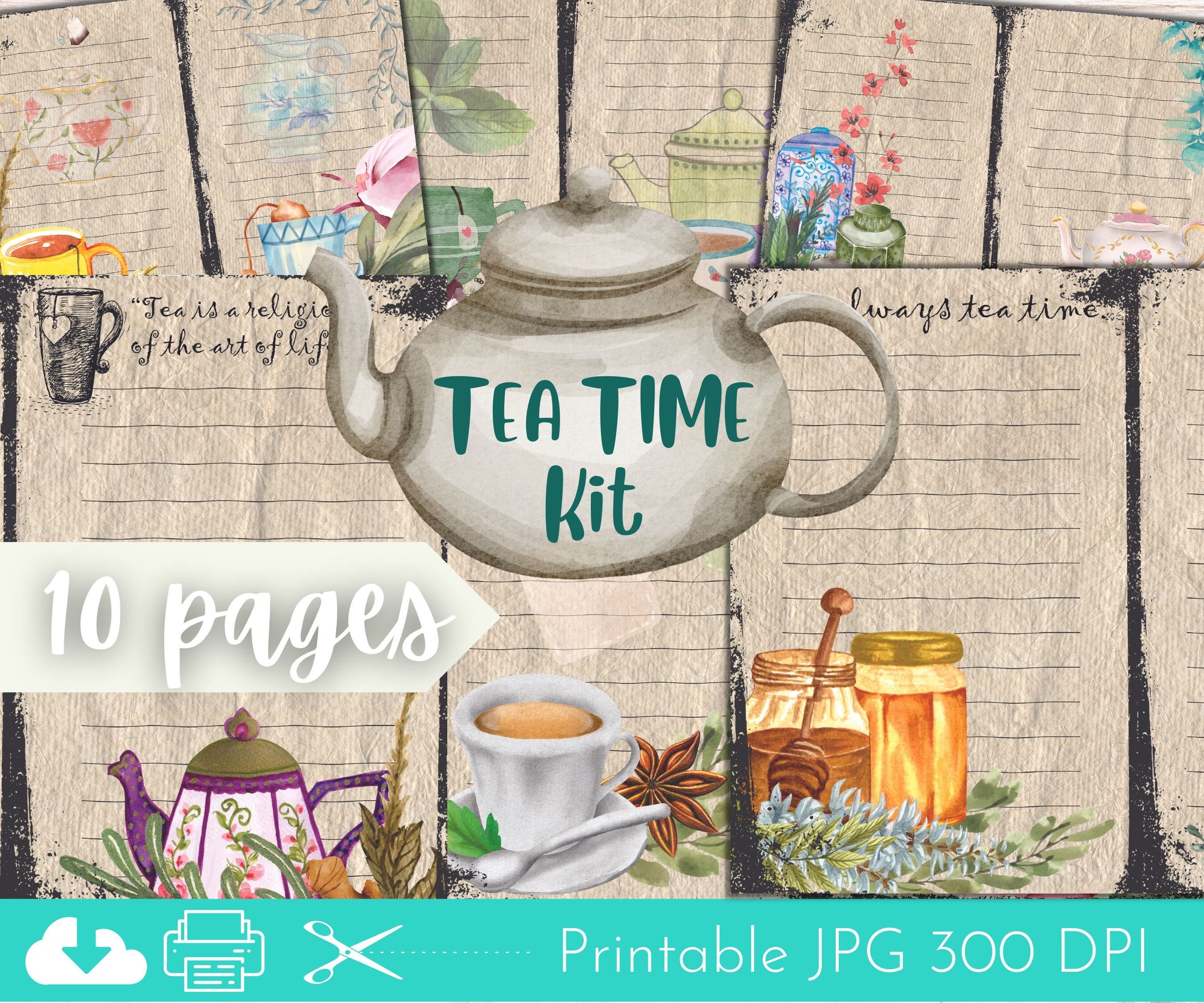 Tea Time Printable Junk Journal Kit, Scrapbooking Papers, Digital ...