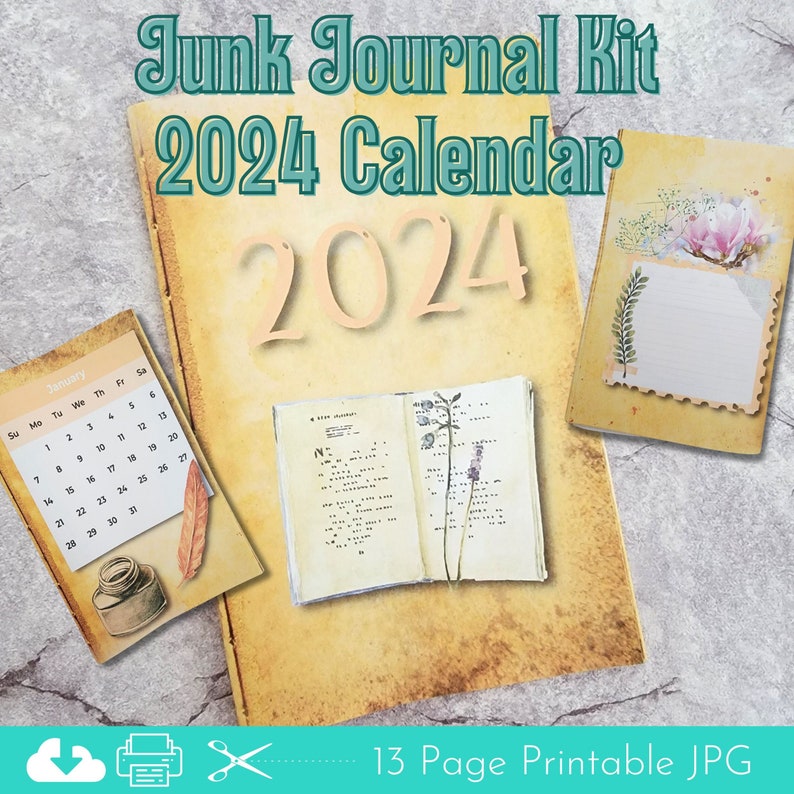 2024 Printable Calendar JUNK JOURNAL KIT, Vintage Peach Color Theme ...
