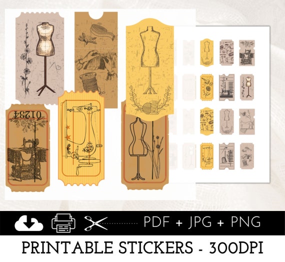 Vintage Sewing Ticket Stickers Printable Scrapbook Stickers | Etsy