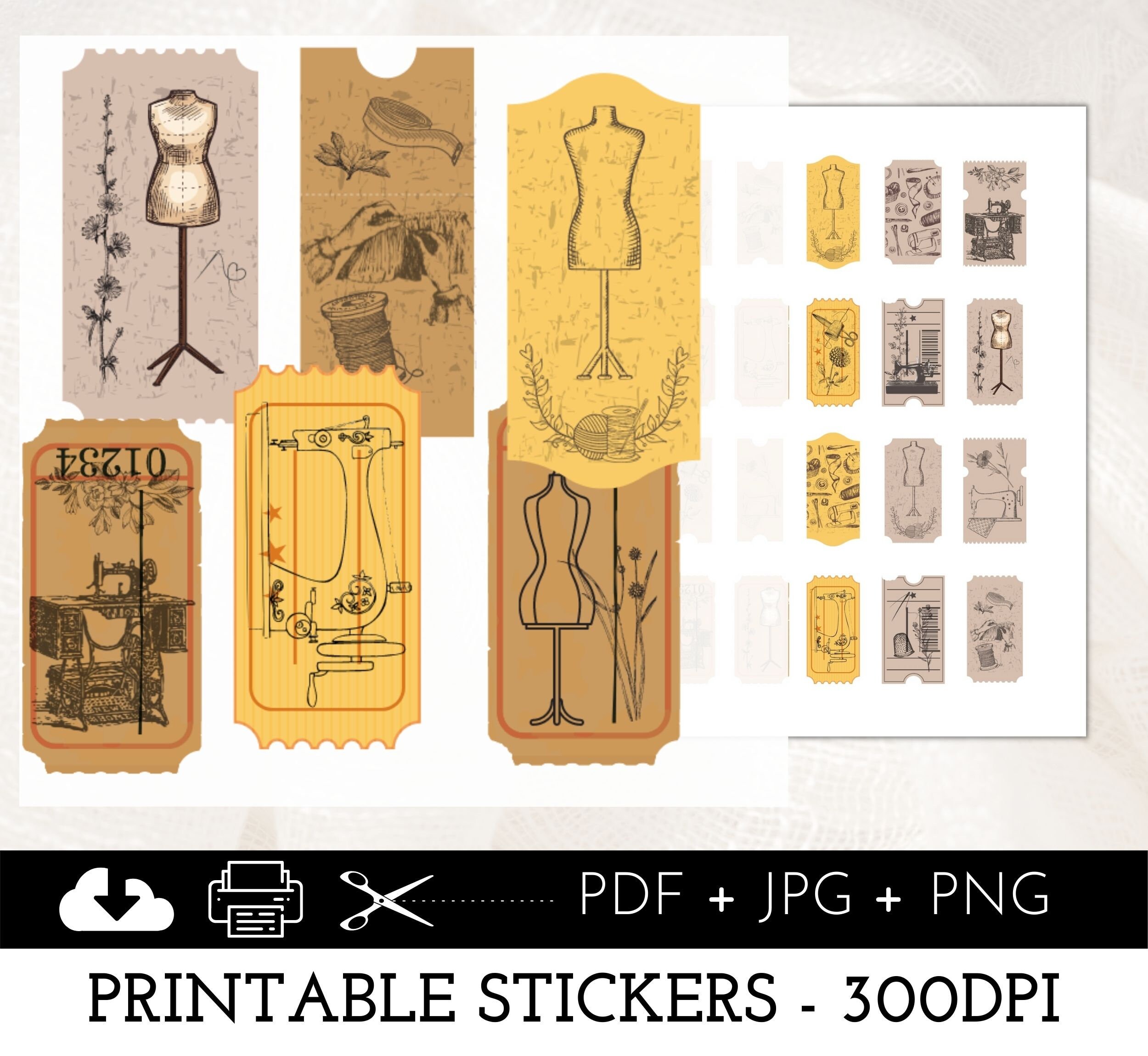 Vintage Sewing Ticket Stickers Printable Scrapbook Stickers - Etsy
