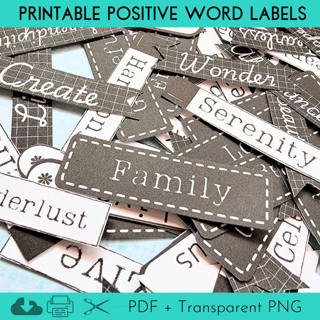 Positive Word Labels Printable for Junk Journals, Digital Words for ...