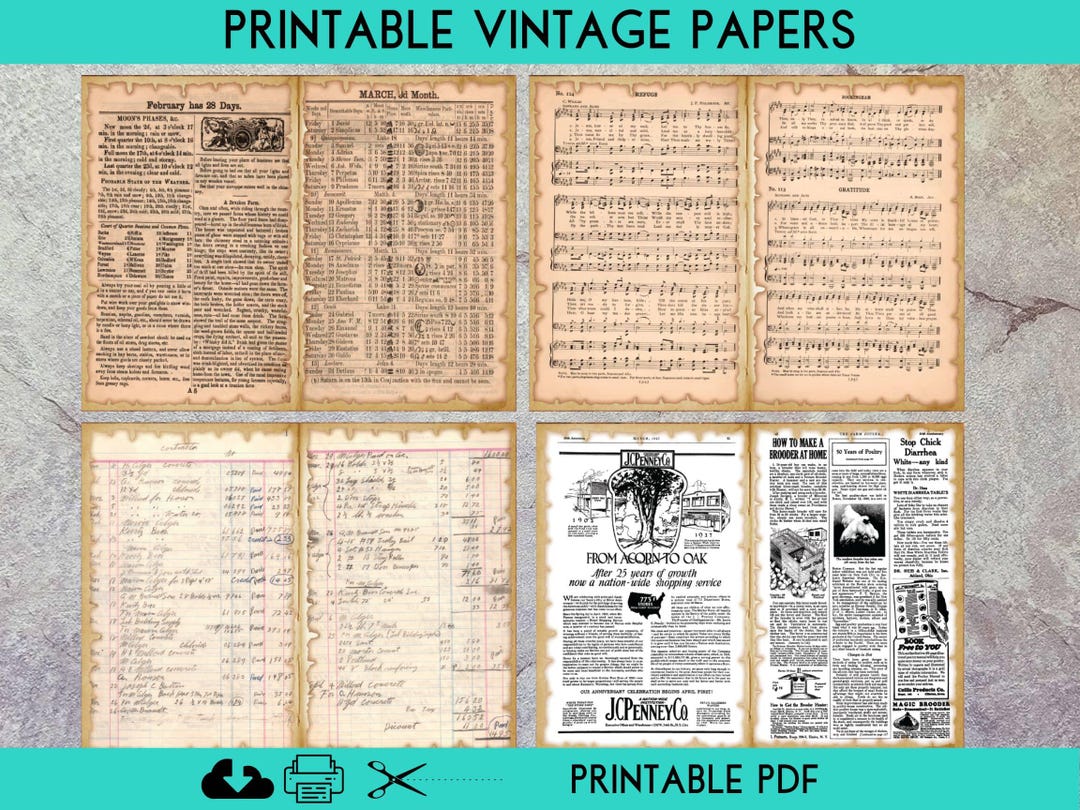 Vintage Papers Set, Printable Junk Journal Pages, Ledger Sheets, Sheet ...