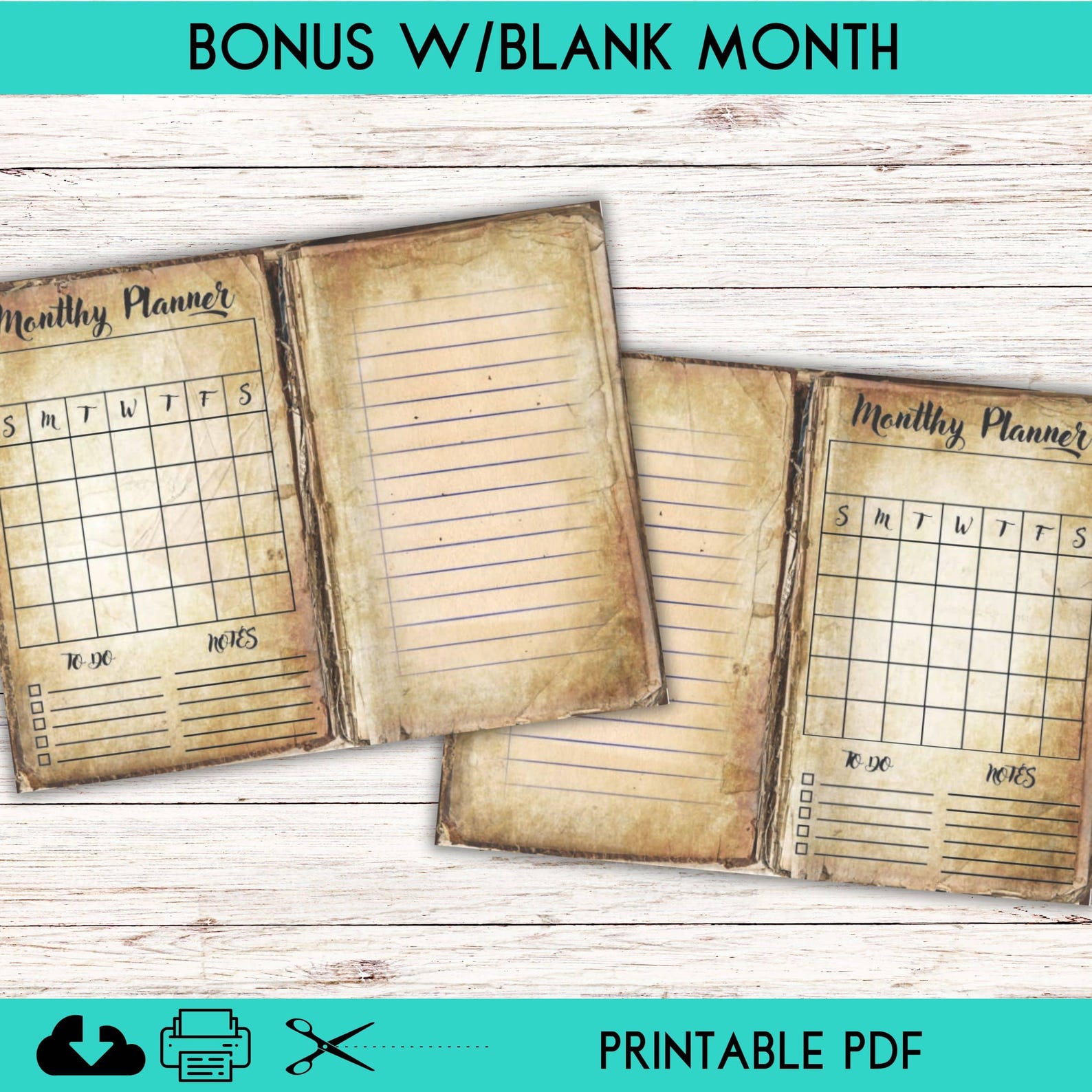 Printable Vintage Undated Planner, Foldable Monthly Junk Journal Insert ...