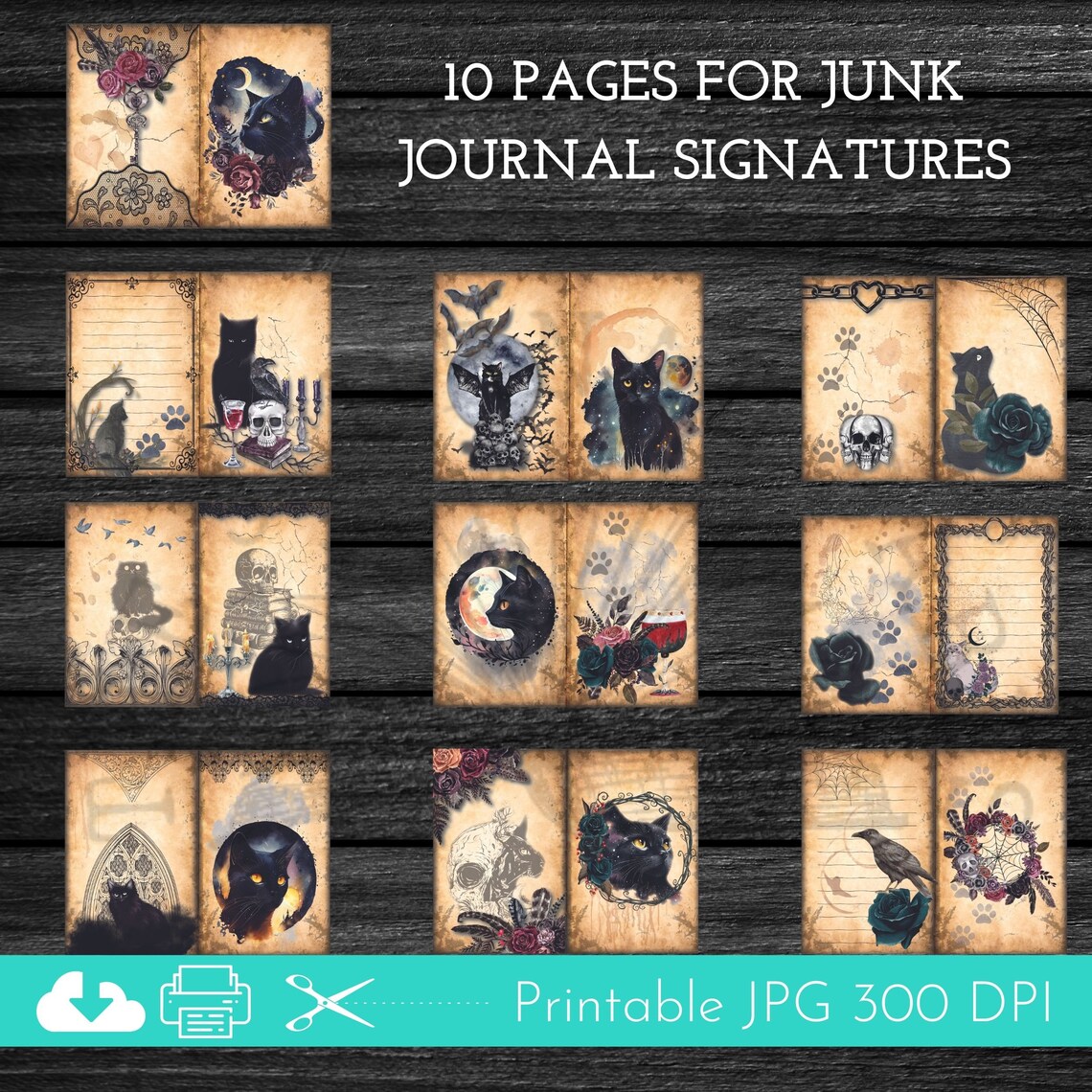 Gothic Cat Printable Junk Journal Kit, Digital Scrapbooking Papers ...