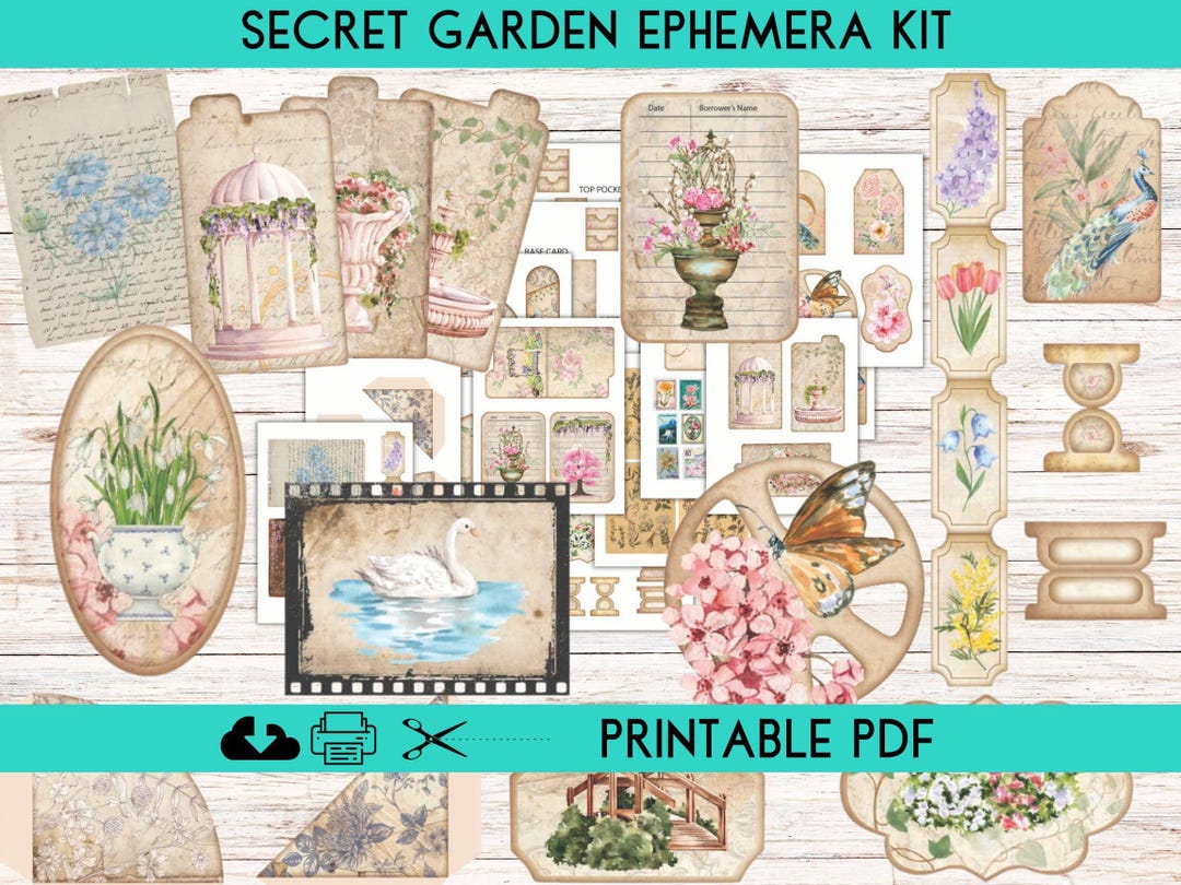 Secret Garden Junk Journal Ephemera Kit , Vintage Printable Pack, Tags ...