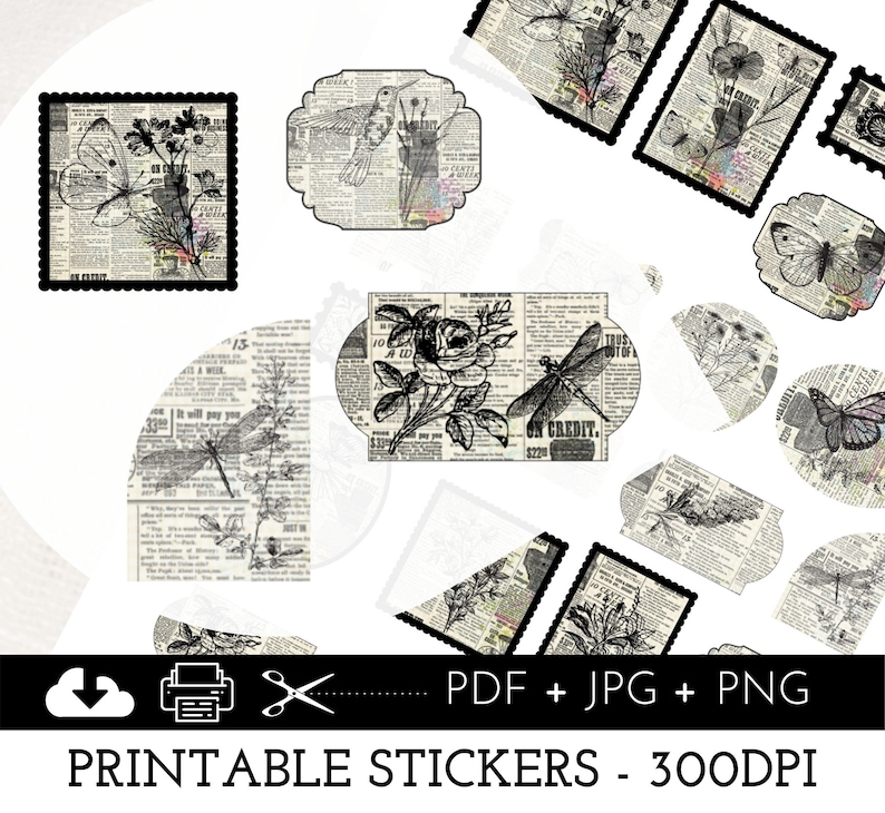 Printable Stickers Stamped Newspaper Ephemera Stickers - Etsy