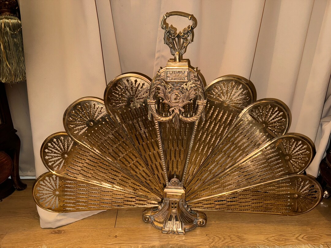 Vintage Brass Folding Fan Fireplace Screen Figural Cameo Lady Peacock ...