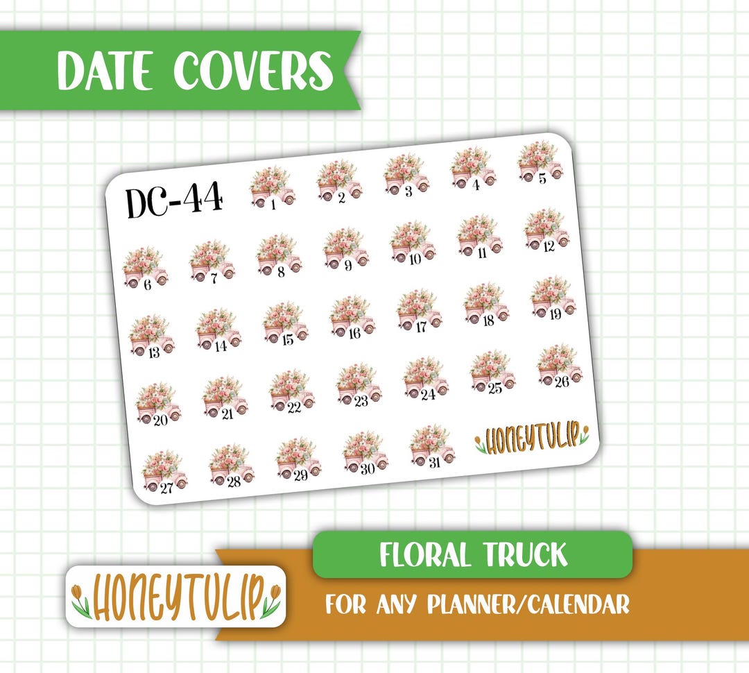 Floral Truck Date Cover Stickers, Spring Planner Stickers, Calendar ...