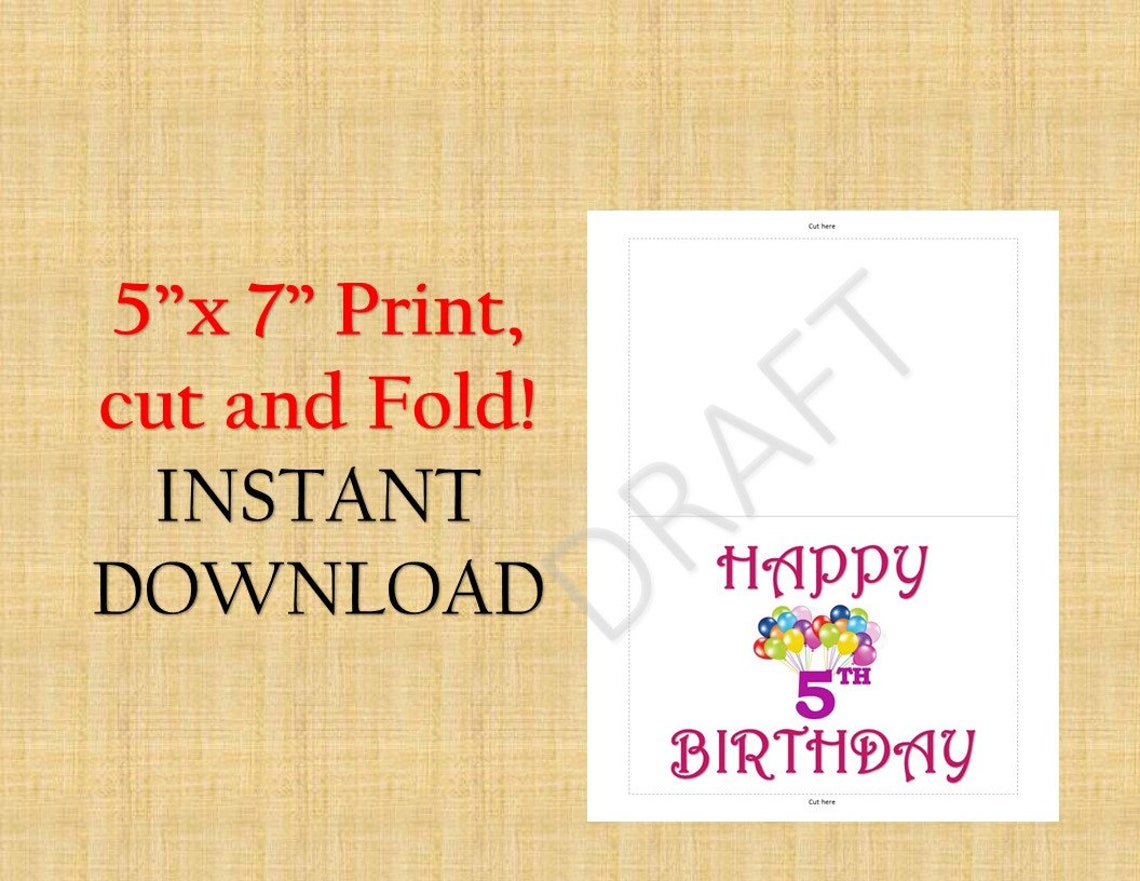 Happy 5th Birthday Card, Printable 5th Birthday Card, Happy Fifth ...