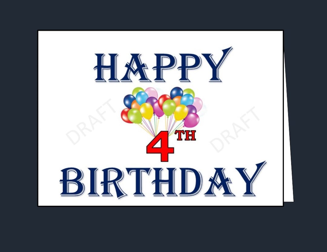 Happy 4th Birthday Card, Printable 4th Birthday Card, Happy Fourth ...