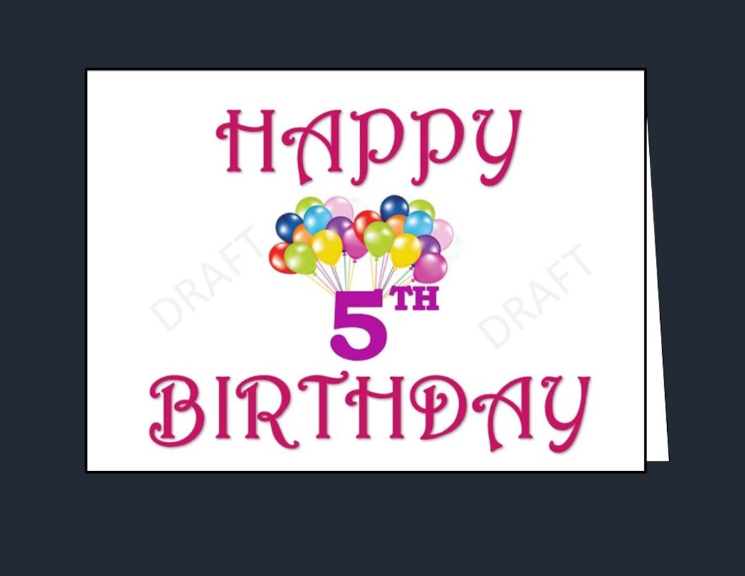 Happy 5th Birthday Card, Printable 5th Birthday Card, Happy Fifth ...