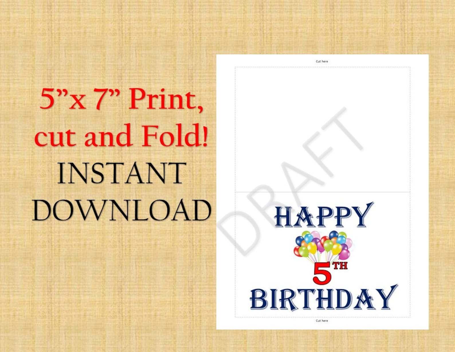 Happy 5th Birthday Card, Printable 5th Birthday Card, Happy Fifth ...