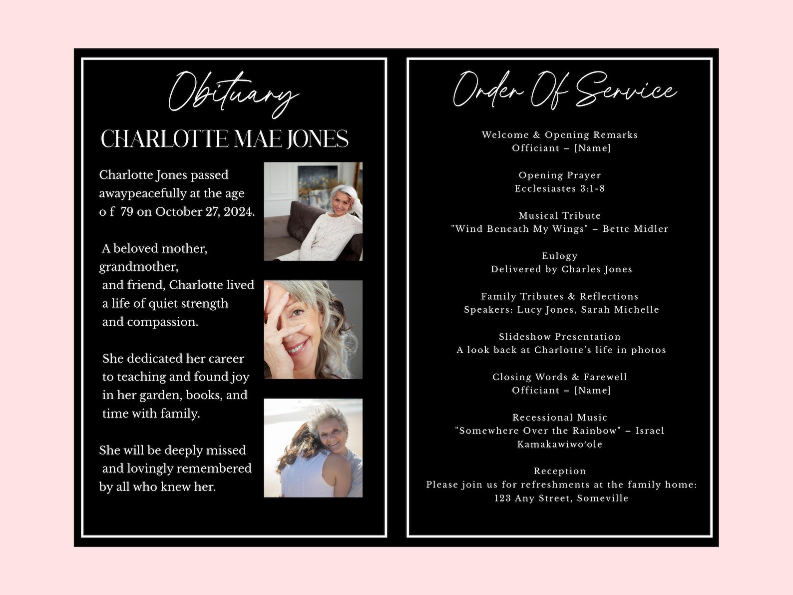 4 Page Obituary Program Template- Bifold Memorial Booklet, Canva ...