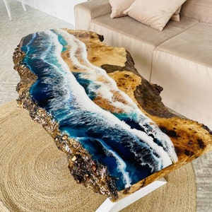 Live Edge Wood Slab Epoxy Ocean Wave Table, Resin Custom Table, Coastal ...