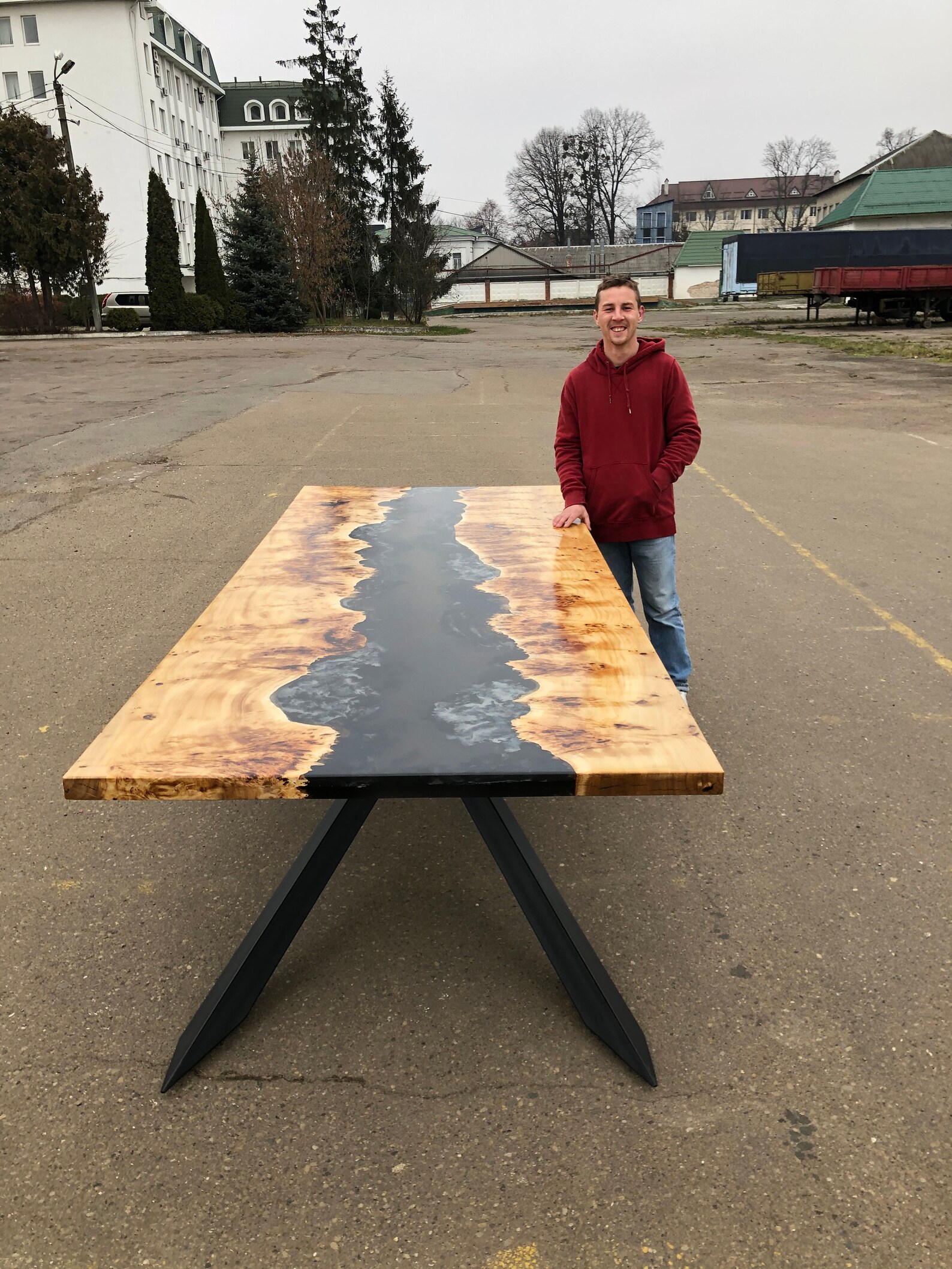 Black Epoxy Table, Giant Slab Conference Table, Art Deco Epoxy Resin ...
