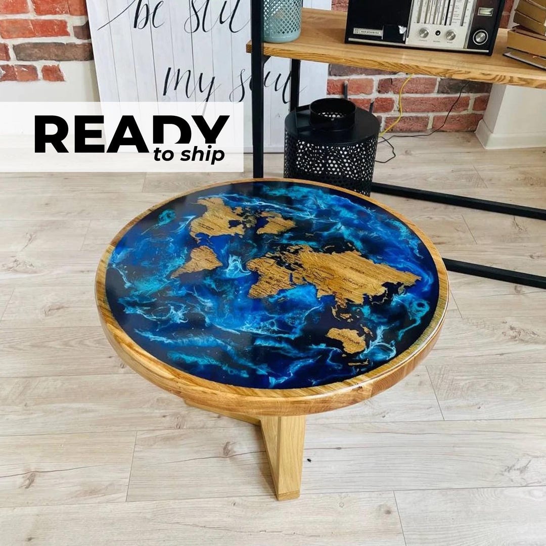 Unique World Map Epoxy Resin Coffee Table, Round Ocean Waves Living ...