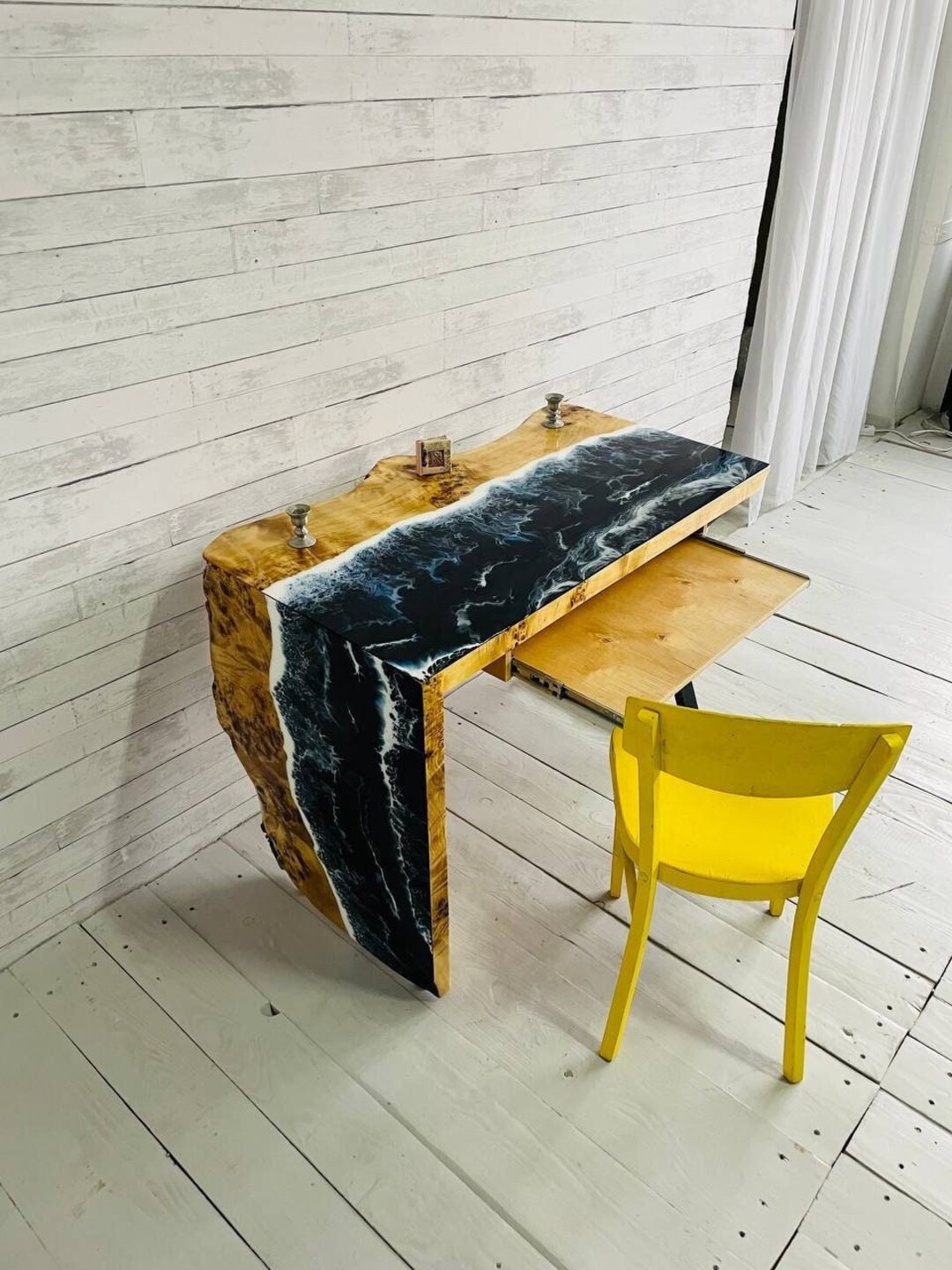 Live Edge Computer Desk, Unique Ocean Epoxy Gaming Desk, Waterfall Wood ...